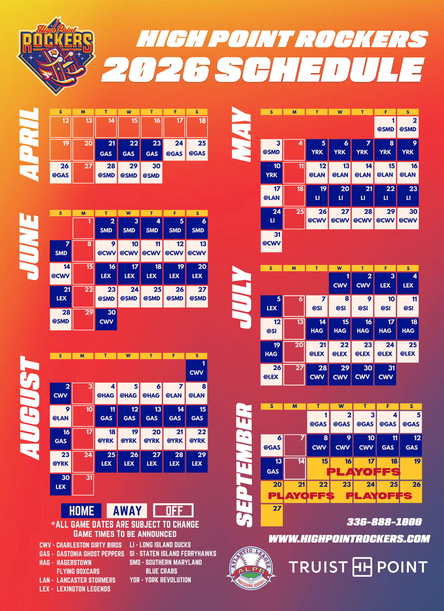 Rockers announce 2026 schedule | High Point Rockers Baseball